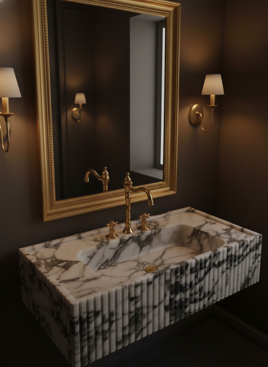 Calacatta Viola Marble Fluted Rectangular Sink, Deck-Mounted Marble wa ...